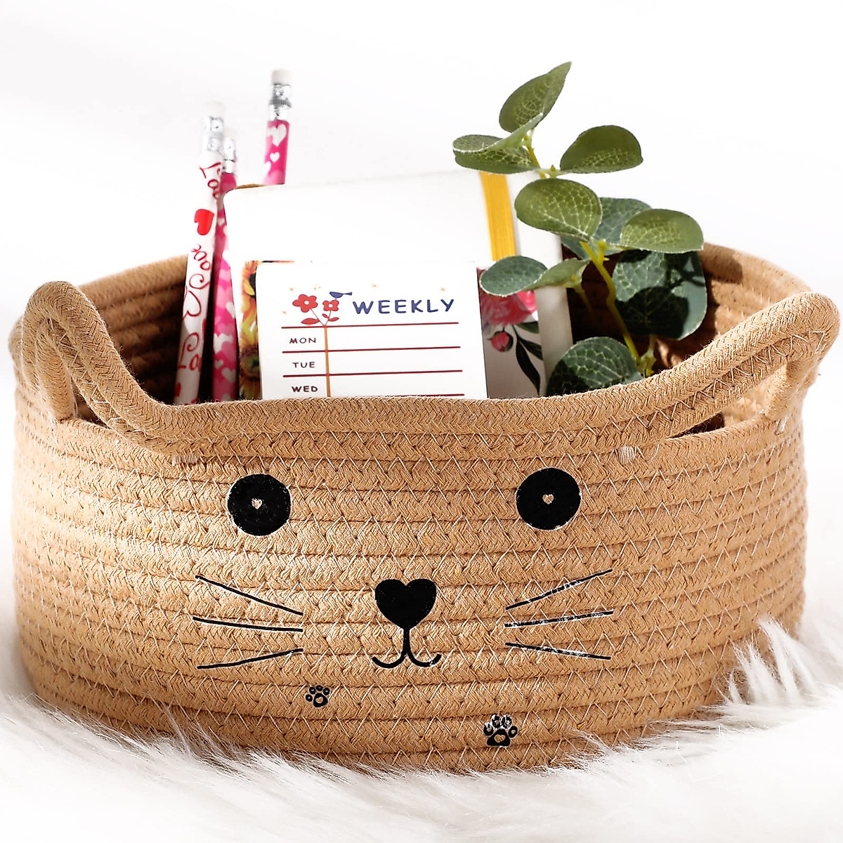 Zopeal Cat Basket Storage Woven Basket Organizer with Ears Decorative Pet Toy Cute Basket Cotton Rope Basket for Gift Cat Dog Toy Bin Nursery Room Kid (Khaki,8.3 x 4.7 Inch)