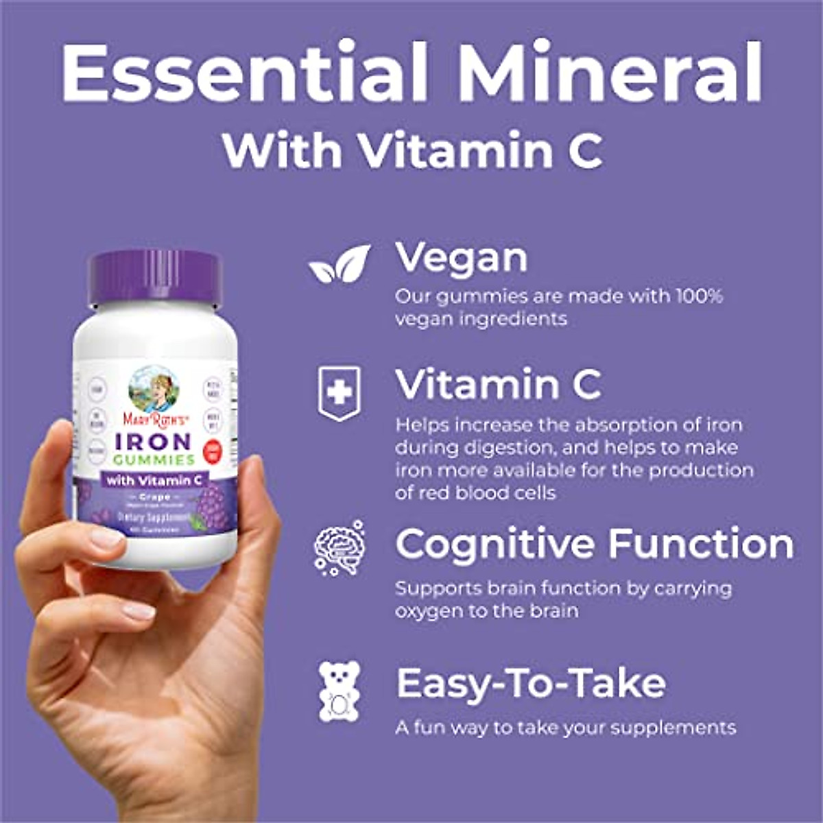 MaryRuth's Iron + Vitamin C Gummies for Adults | Sugar Free | Gummy Iron Supplements + VIT C for Ages 14+ | Iron Supplement for Iron Deficiency | Immune Support | Vegan | Non-GMO | 60 Count