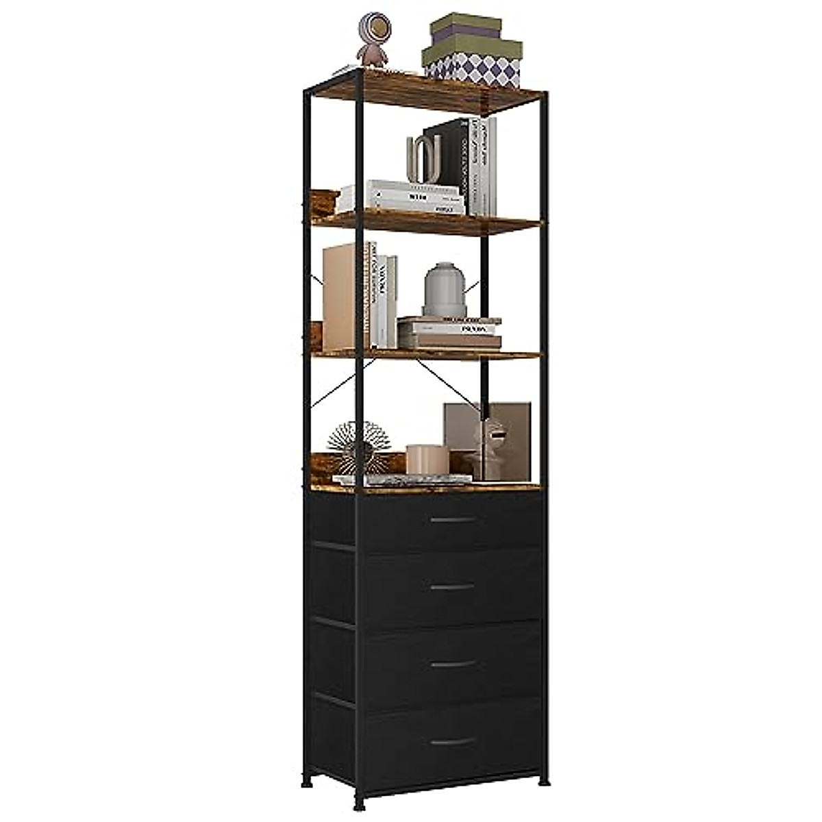 VASICAR 4-Tier Tall Bookshelf with 4 Drawers, Multifunctional Open Bookcase, Storage Shelf Dresser for Living Room, Office, Bedroom, Kitchen, Free Drawer Divider (Black)