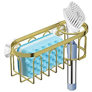 Yazoni 2-in-1 Sponge Holder for Kitchen Sink, Suction Cup Sponge Rack Kitchen Sink Caddy, No Drill Rustproof Kitchen Sink Organizer for Place Dishwashing Brush Soap and Sponge (Gold)