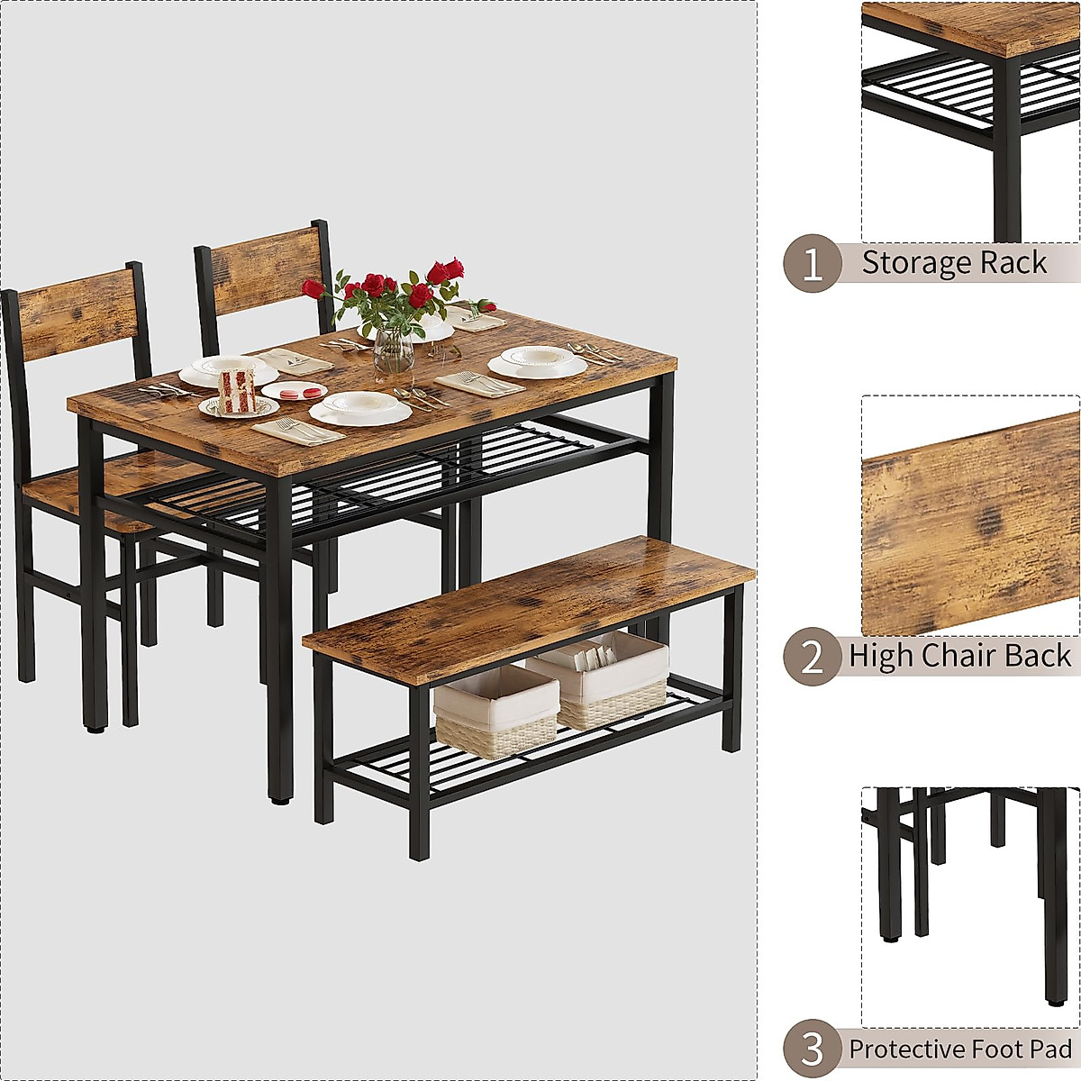 AWQM 4 Pieces Kitchen Table Set, Industrial Dining Table with 2 Chairs and Bench, Storage Racks, Space-Saving Table Set for Small Space, Apartment, Living-Room, Restaurant, Vintage Brown