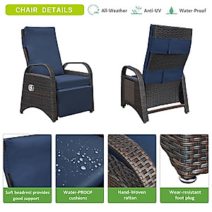 ATR ART TO REAL Outdoor Recliner Bistro Set of 3, All-Weather PE Wicker Patio Reclining Lounge Chair with Side Table (Set of 3 - Navy Blue)