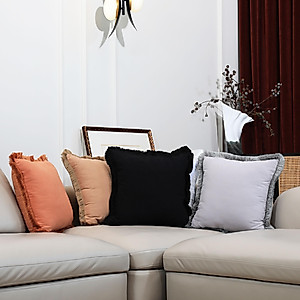 Black Linen Fringed Throw Pillow Cover 18x18 Inches Farmhouse Couch Pillows Cover for Bed Set of 2 Modern Neutral Decorative Throw Pillow Cases