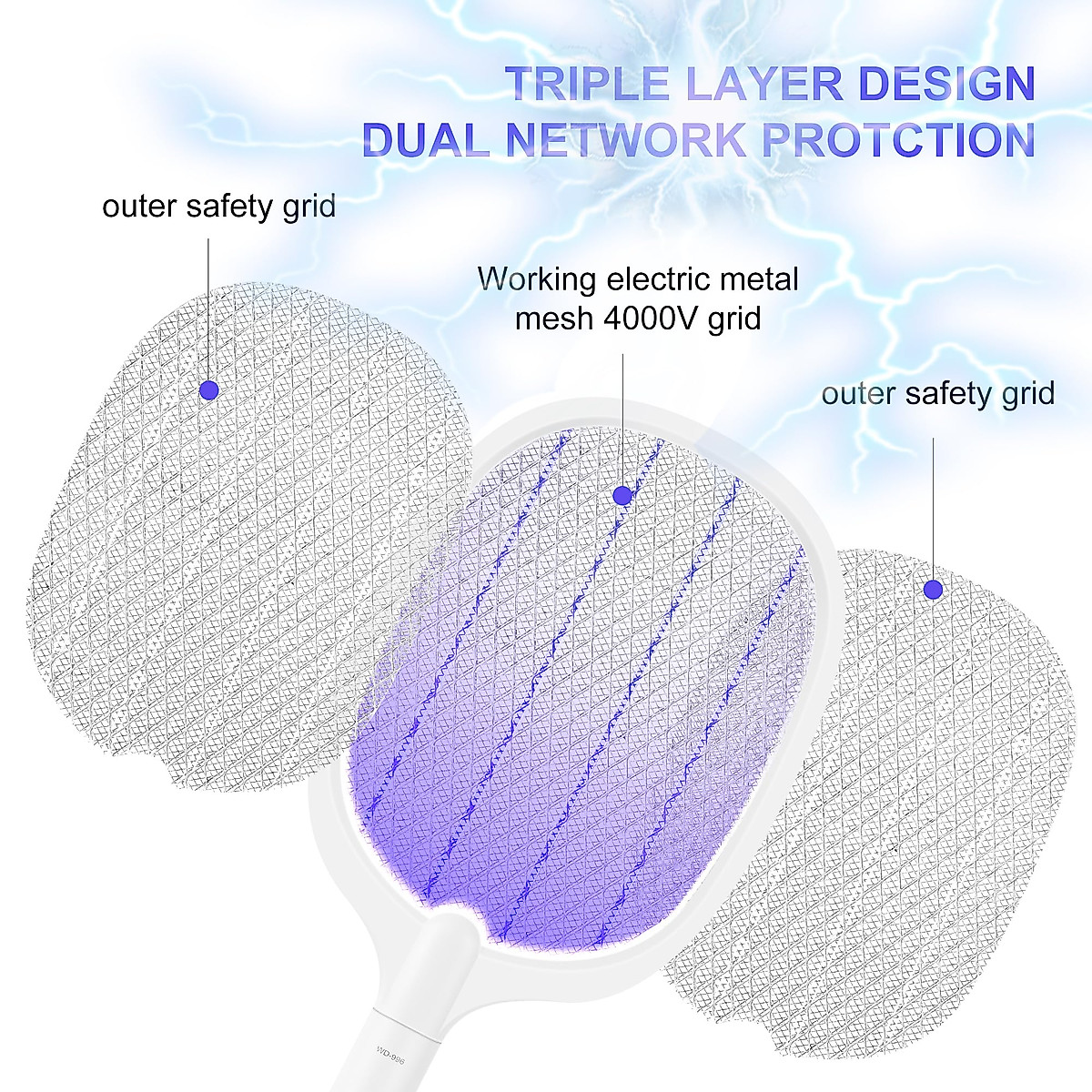 Electric Fly Swatter Rechargeable 4000V High-Volt Bug Zapper Racket, 2-in-1 Detachable Bug Swatter Mosquito Killer with Purple Light & 3-Layer Safety Nets Portable Fly Zapper for Indoor Outdoor