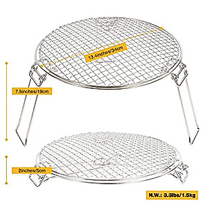 Lineslife Folding 13.4'' Round Campfire Grill Grate, Portable Stainless Steel Camp Fire Cooking Racks with Removable Net 3 Legs for Outdoor Camping Cooking Fire Pit, Silver