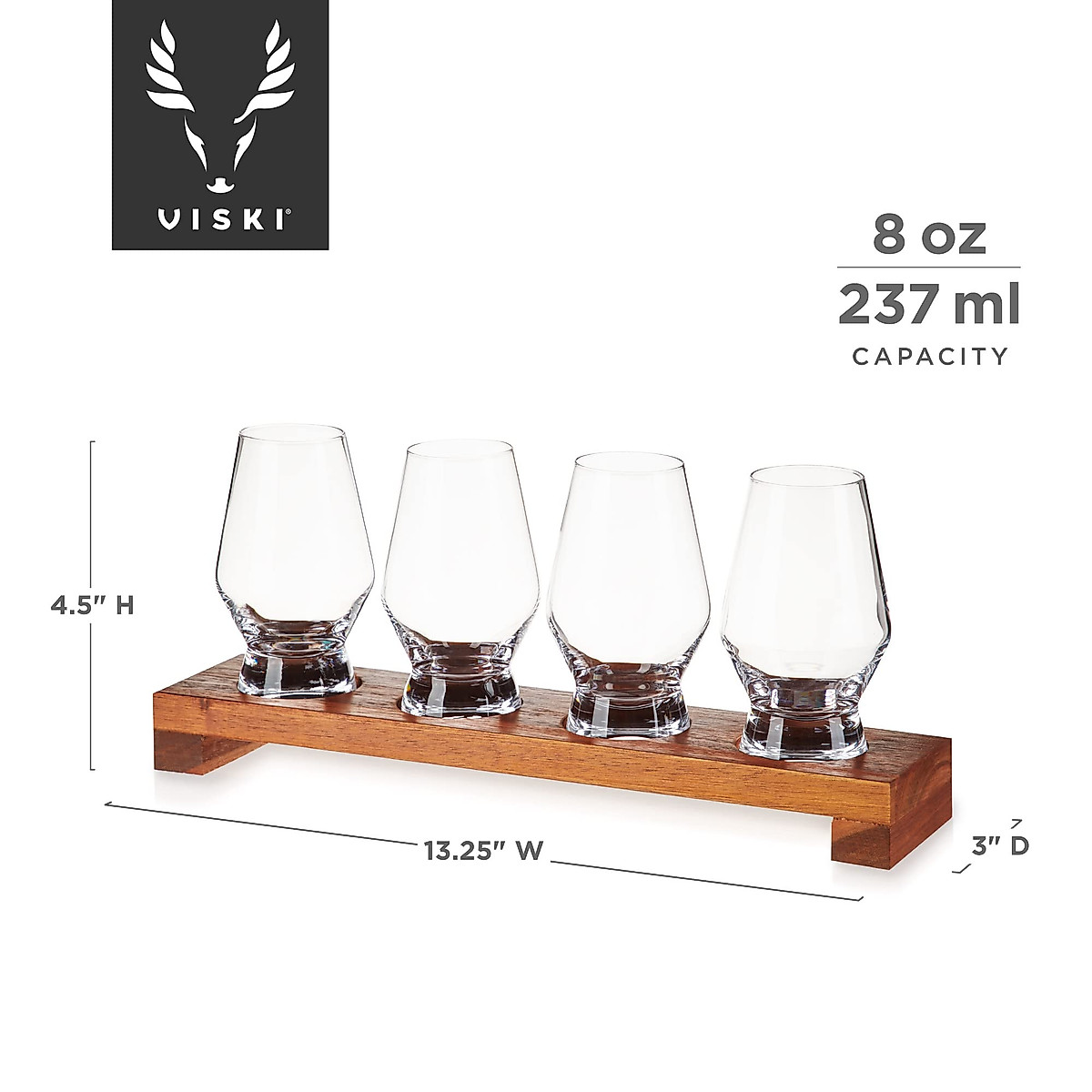 Viski Spirit Tasting Flight Kit, Crystal Liquor Glasses with Wooden Serving Tray for Whiskey, Brandy, Set of 4 8 oz. Footed Scotch Tumblers, 1 Board, Set of 5, Clear