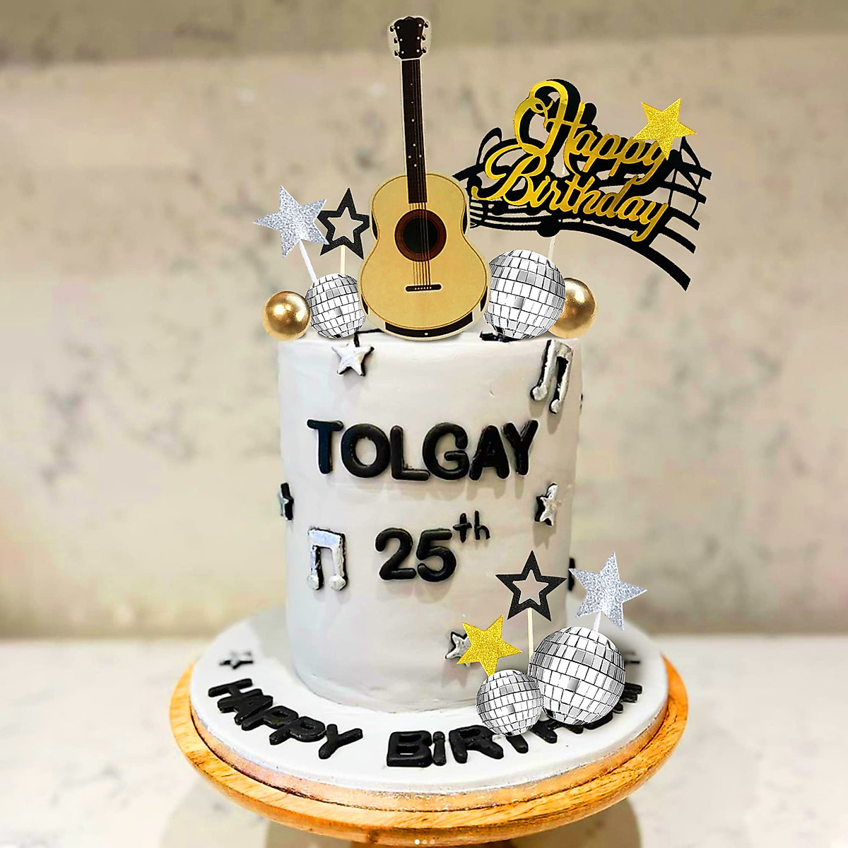 31 PCS Guitar Cake Toppers Music Notes Balls Cake Decorations for Musician Birthday Party Rock Theme Party (Black)