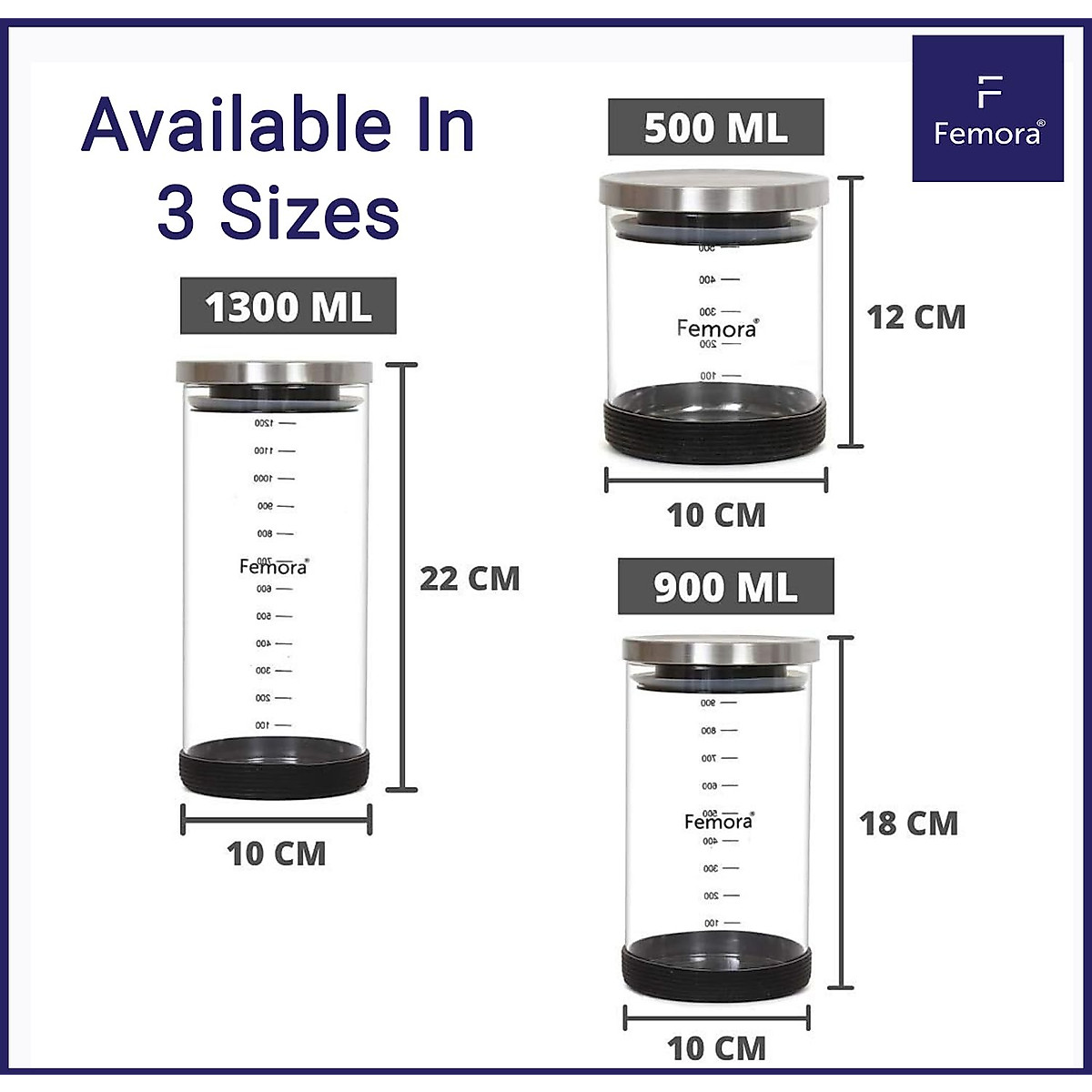 Femora Borosilicate Glass Air-Tight Jar with Silicon Base, 900 ml, Set of 2