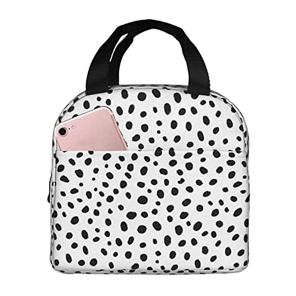 Cute Black Dot On White Lunch Box Bento Box Insulated Lunch Boxes Reusable Waterproof Lunch Bag With Front Pocket For Travel Office Picnic