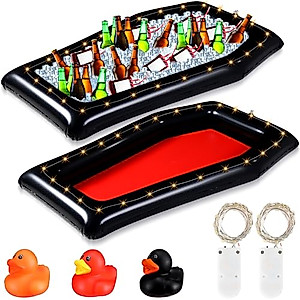 Leyndo 28 Pcs Halloween Inflatable Cooler Set, 52 Inch Coffin Buffet Coolers, Ice Serving Bar Halloween Rubber Ducks with LED Light Strings for Beach Pool Party Barbecue Picnic Halloween Decor Favors