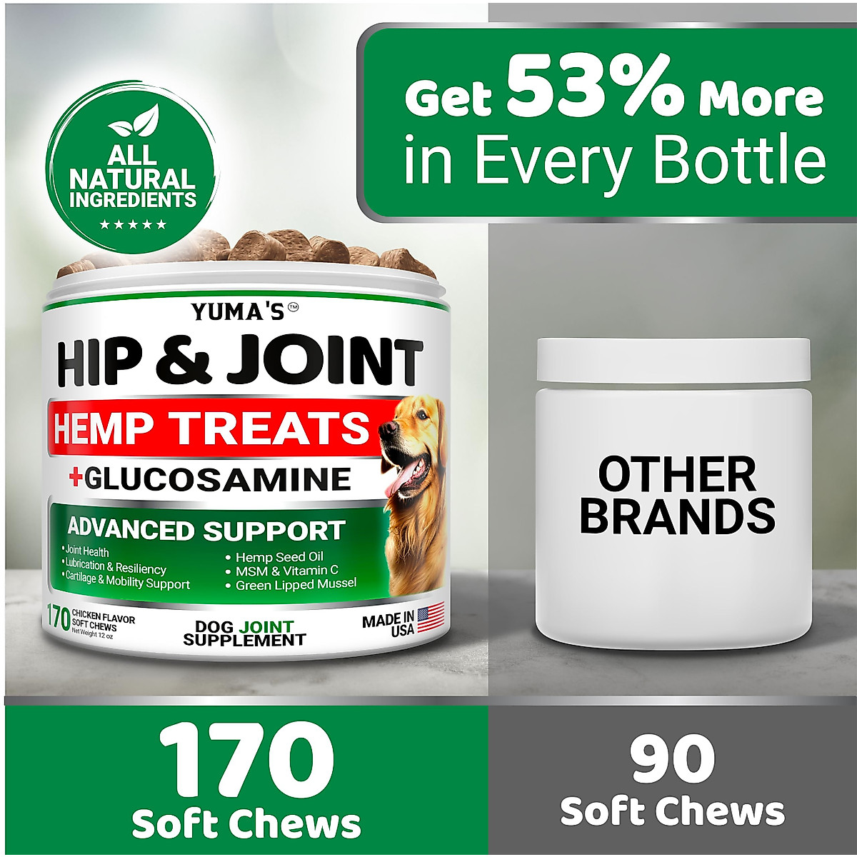 YUMA'S Hemp Hip and Joint Supplement for Dogs - Glucosamine for Dogs - 170 Dog Joint Pain Relief Chews - Chondroitin, MSM - Hemp Oil - Advanced Dog Joint Supplement Health - Mobility Support Treats