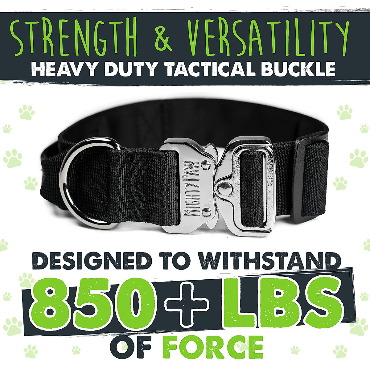 Mighty Paw Dog Collar - Heavy Duty with Tactical Metal Buckle - Heavy Duty Buckle - Weatherproof Polyester Tactical Dog Collar - Dog Training Collar for All Dog Breeds - Dog Collar with Handle - Black