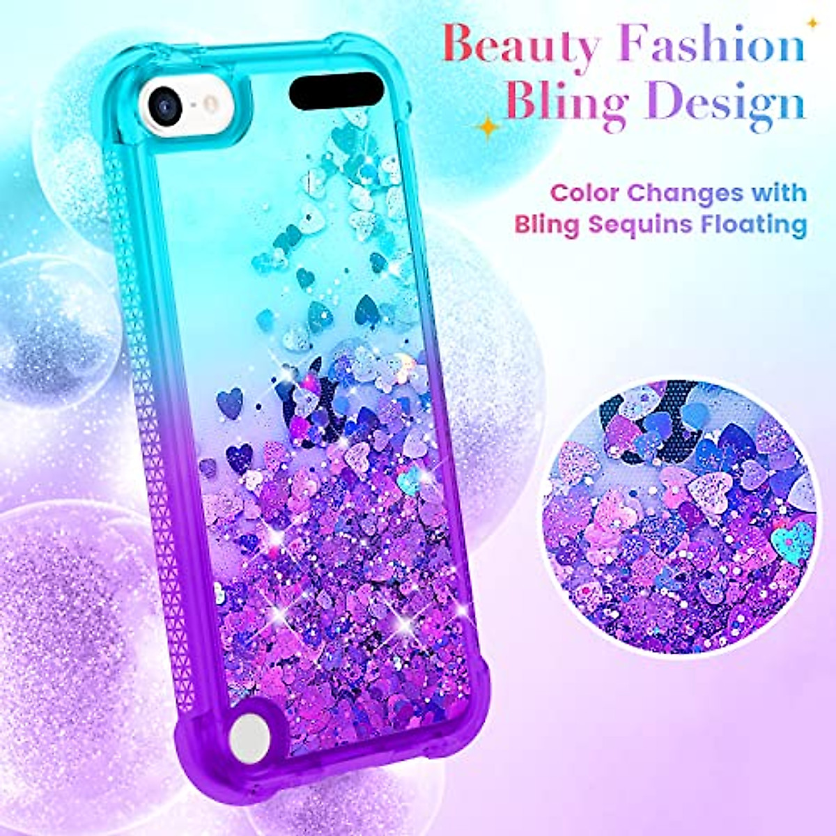 Ruky for iPod Touch 7th 6th 5th Generation Case, iPod Touch 5 6 7 Full Body Glitter Case Shockproof Protective Girls Bling Liquid Floating Case (Teal Purple)