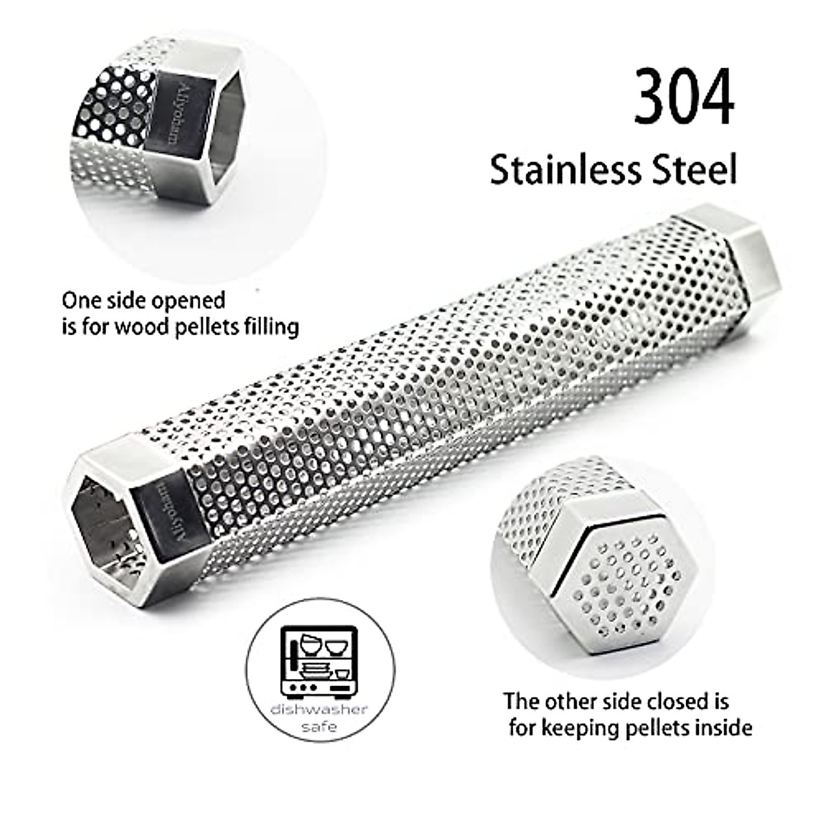 Pellet Smoker Tube, Aliyoham 12'' Stainless Steel BBQ Smoke Tube, Hot/Cold Smoking for All Charcoal, Electric, Gas Grills(with 3 S Shape Hooks,1 Cleaning Brush, 1 Silicone Brush)