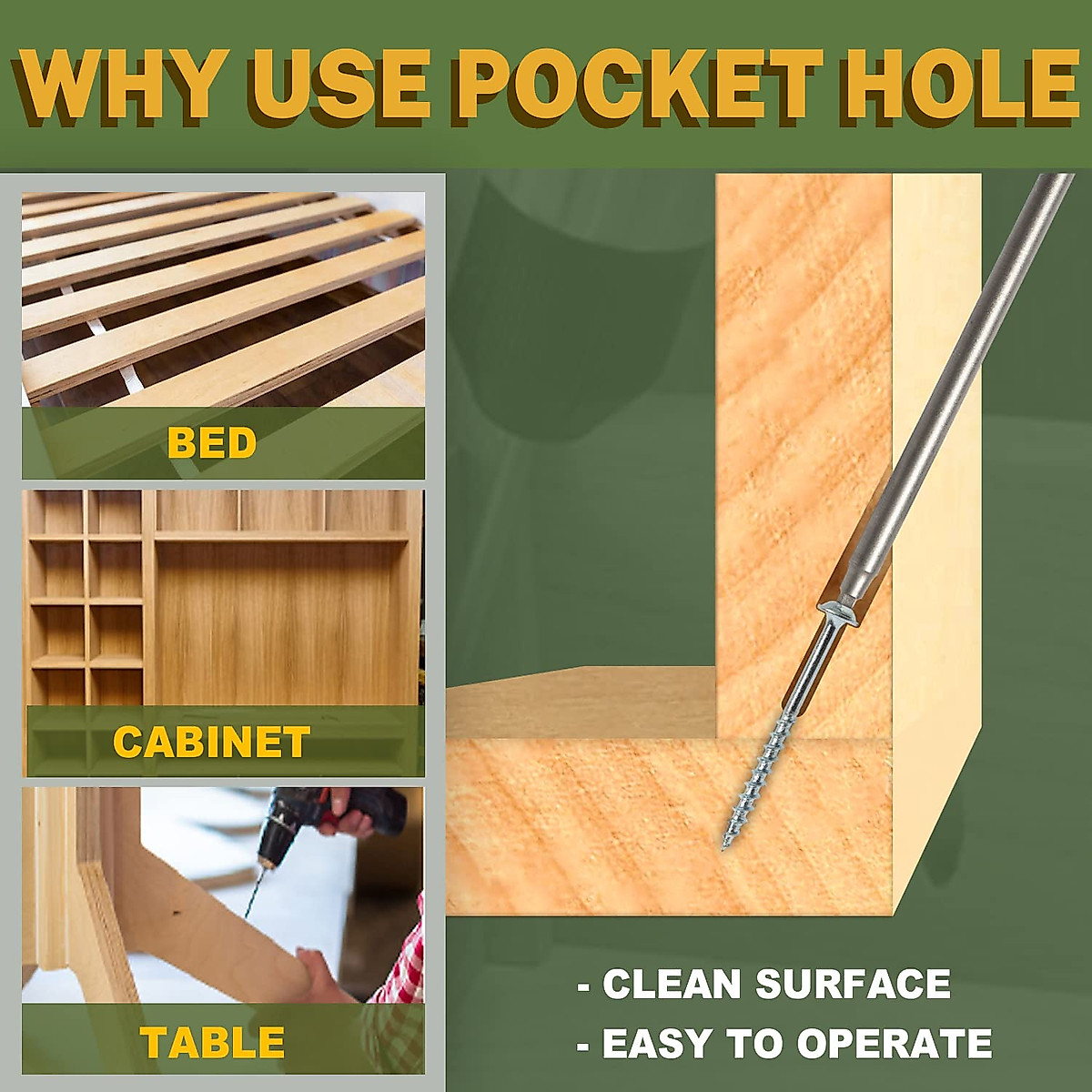 LIONMAX Pocket Hole Screws 1-1/4 Inch, 300PCS #8 x 1-1/4" Pocket Screw with Square Drive, Coarse Threads, for Indoor Wood Project, Zinc Plated, 150MM Drive Bit Included