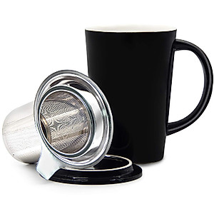 TOSSOW Ceramic Tea mug with Infuser and Lid 14oz Steeping Tea Cups Single Cup Loose Tea Brewing System Teaware with Filter（Dark Blue）