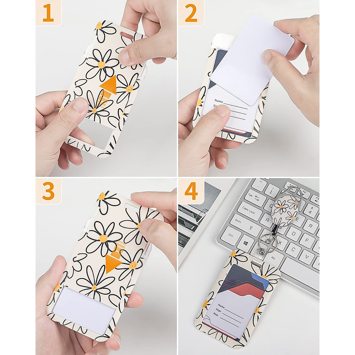 Uniclife Floral Sliding Badge Holder White Flower Plastic Case with Retractable Badge Reel Carabiner Clip and Detachable Lanyard Strap Hard Vertical Card Protector for Women Nurse Teacher Student