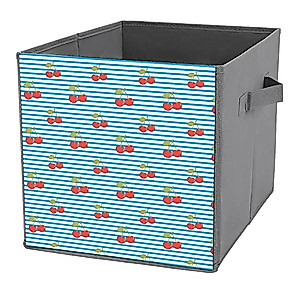 Cherries Pattern with Blue Stripes Storage Bins Cubes Foldable Fabric Organizers with Handles Clothes Bag Book Box Toys Basket for Shelves Closet 10.6"