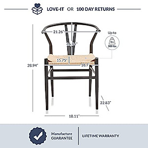 BELLEZE Black Kitchen Dining Room Chairs Set of 2, Modern Wishbone Indoor Dining Chairs with Mid-Century Metal Curved Backrest, Natural Weave Hemp Seat - Sorrento (Black)