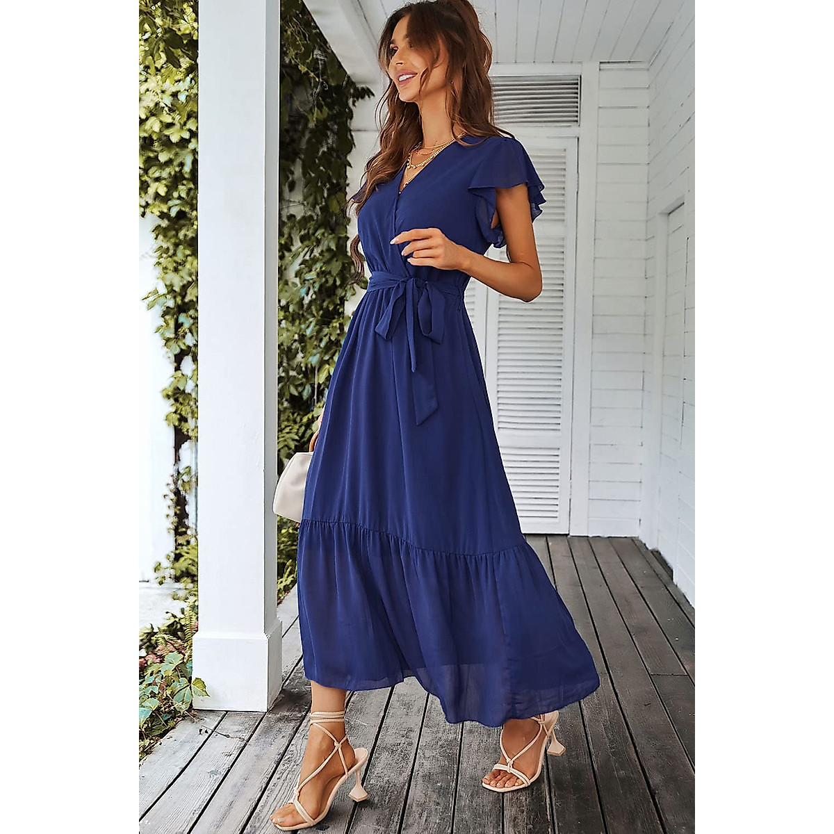 PRETTYGARDEN Women's 2024 Floral Boho Dress Wrap V Neck Short Sleeve Belted Ruffle Hem A-Line Flowy Maxi Dresses (Solid Blue,X-Large)