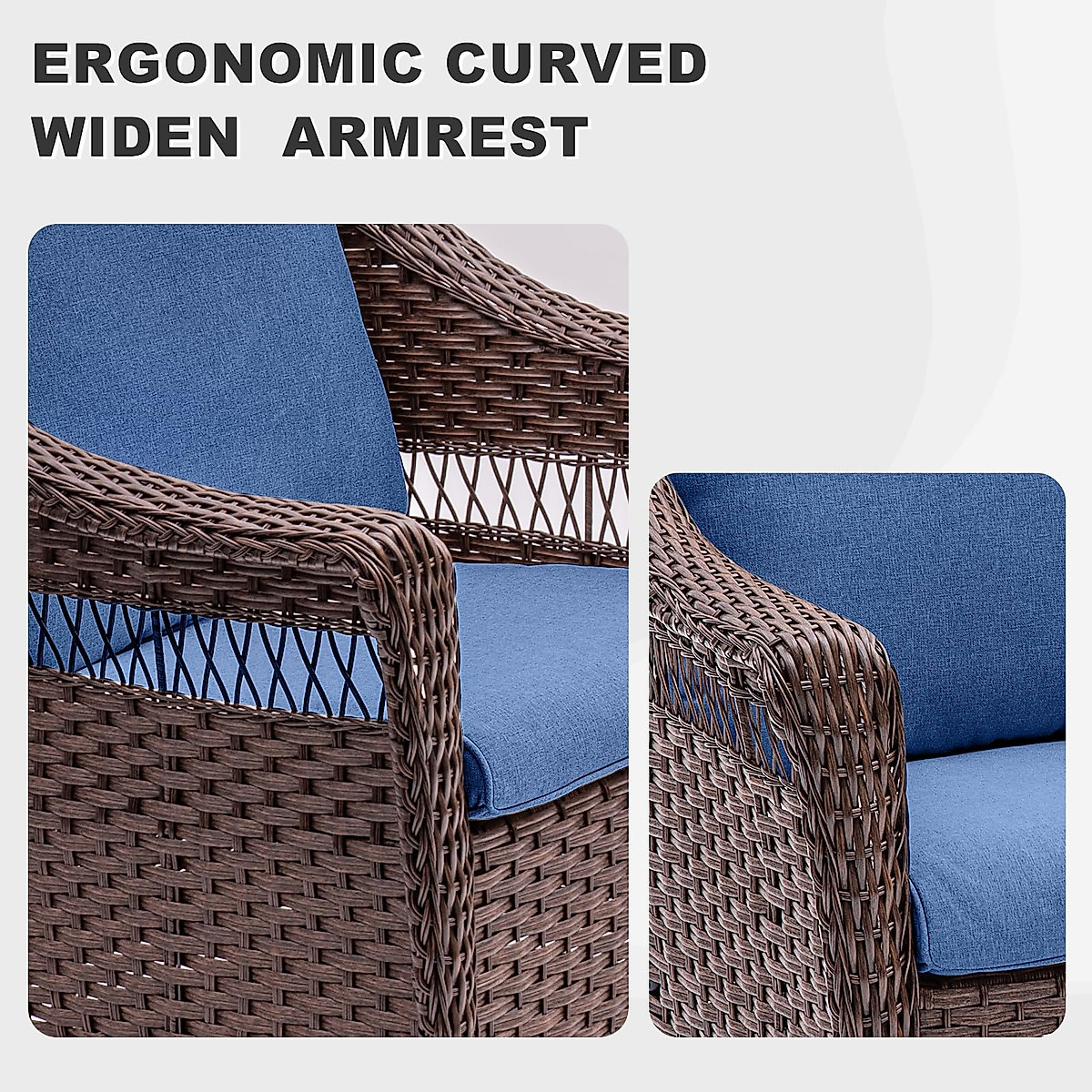 Buenhomino Outdoor Patio Sofa Couch - 3 Seater All Weather Rattan Conversation Sofa Porch Furniture Wicker Sofa with Deep Seat High Backrest for Deck Porch Balcony Garden - Brown/Blue