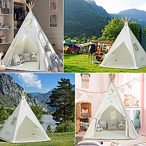 Kids Teepee Tent with Padded Mat & Light String, Washable Foldable Play Tent, Natural Cotton Canvas Teepee Indoor Outdoor Playhouse for Toddler, for 3 4 5 6 7 8 9 10 Boys and Girls