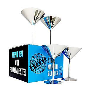 Real Deal Steel Stainless Steel Martini Glasses: Set of 4, Shatterproof 8 oz Metal Cocktail Glasses, Unbreakable, Durable, 18/8 Mirror Polished Finish, Unique