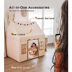 Large Kids Tent with mat, Star Lights, Tissue Garland, Play Tent Indoor & Outdoor, Kids Play Tent for Girl & Boy Aged 3+, Kids Tent for Toddler, 52" x35" x 52" Play House with Windows, Washable