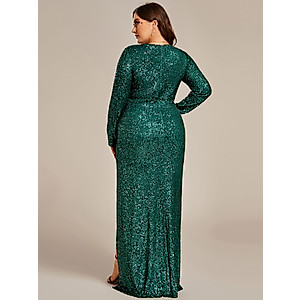 Ever-Pretty Women's Plus Size Curvy Elegant Sequin V Neck Floor-Length Bodycon Evening Party Gowns Deep Green US24