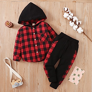 ODASIRA Toddler Baby Boy Clothes Long Sleeve Hoodie Outfits Fall Winter Plaid Shirts + Pants 2PCS Set Red 2-3 Years Old 110cm