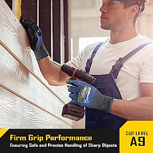 COOLJOB ANSI A9 Cut Resistant Gloves - 1/3 Pairs, Touchscreen Highest Knife Proof Level with Microfoam Nitrile Coated, Safety Work Gloves for Wood Carving, Glass Work, Construction, Blue XXL