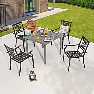 LOKATSE HOME 5 PCS Metal Outdoor Patio Dining Set with 4 Stackable Chairs and Square Bistro Table for Backyard Deck Lawn Garden, Black