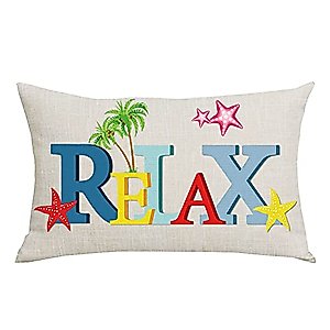 WENIANRU Blue Yellow Red Word Art Relax Starfish Summer Home Sofa Chair Bed Decoration Lumbar Pillowcase Cotton Linen Decorative Throw Pillow Cover Case Rectangular 12 x 20 Inches