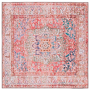 SAFAVIEH Tucson Collection Area Rug - 6' Square, Rose & Beige, Boho Chic Persian Design, Non-Shedding Machine Washable & Slip Resistant Ideal for High Traffic Areas in Living Room, Bedroom (TSN122R)