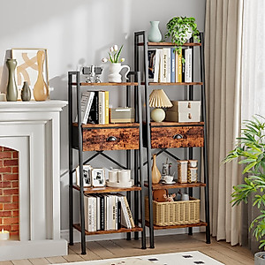 Furologee 5 Tier Ladder Shelf with Drawer, Tall Bookshelf Storage Shelves, Bookcase Standing Shelf Units, Industrial Open Display Shelves Organizer for Bedroom, Living Room, Kitchen, Rustic Brown