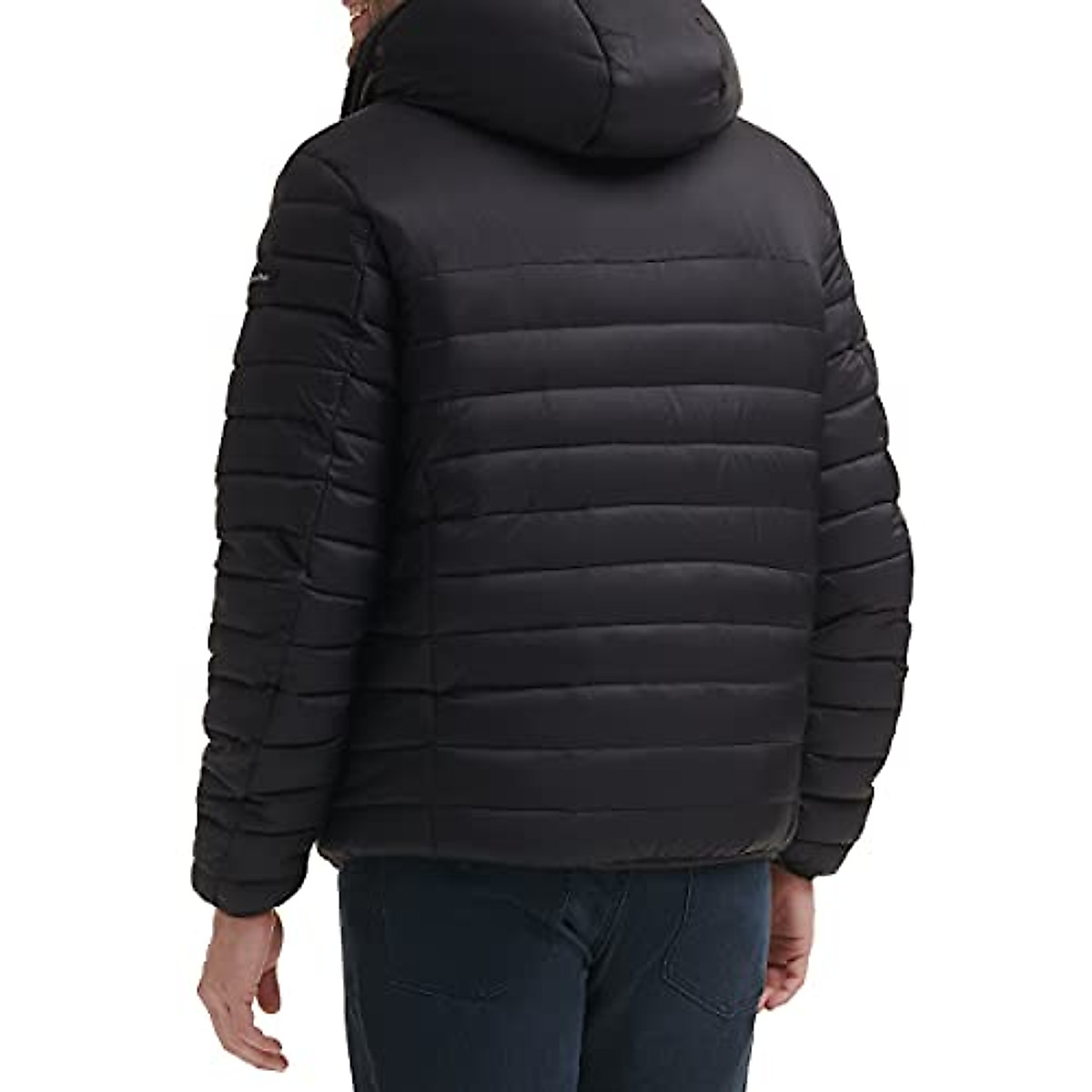 Calvin Klein Men's Hooded Down Jacket, Quilted Coat, Sherpa Lined, Black, Larg