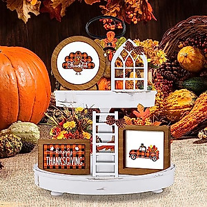 Tiered Tray Decor for Halloween/Thanksgiving/Christmas, Interchangeable Holiday Buffalo Plaid Wood Signs Farmhouse Decor - Rustic Wooden Decor for Halloween Thanksgiving Christmas Decorations