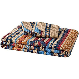 Chezmoi Collection Wyoming 3-Piece Southwestern Quilt Set - Geometric Tribal Multicolor Beige Brown Blue Red Printed Pre-Washed Microfiber Bedspread Set, Queen Size