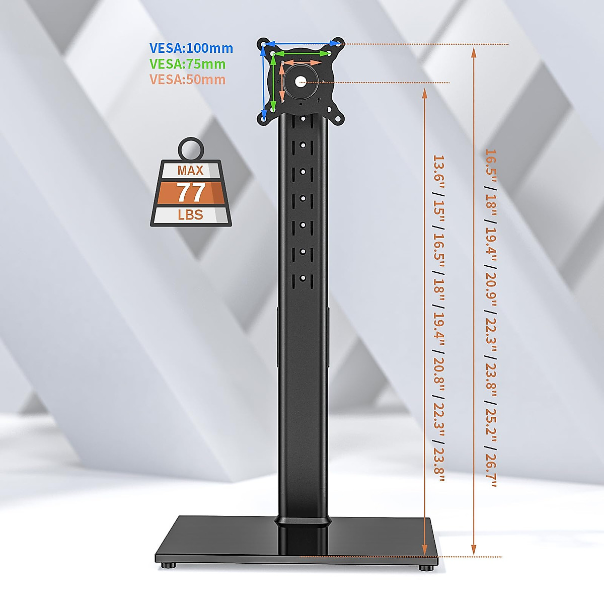 Single Monitor Stand Freestanding 27-43 Inch Monitor Arm Curved Screen Monitor Mount Tempered Glass Base Adjustable Motion Tilt -15° to 10° Swivel ±45° Rotation 360° Weight Capacity 77lbs HT05B-003