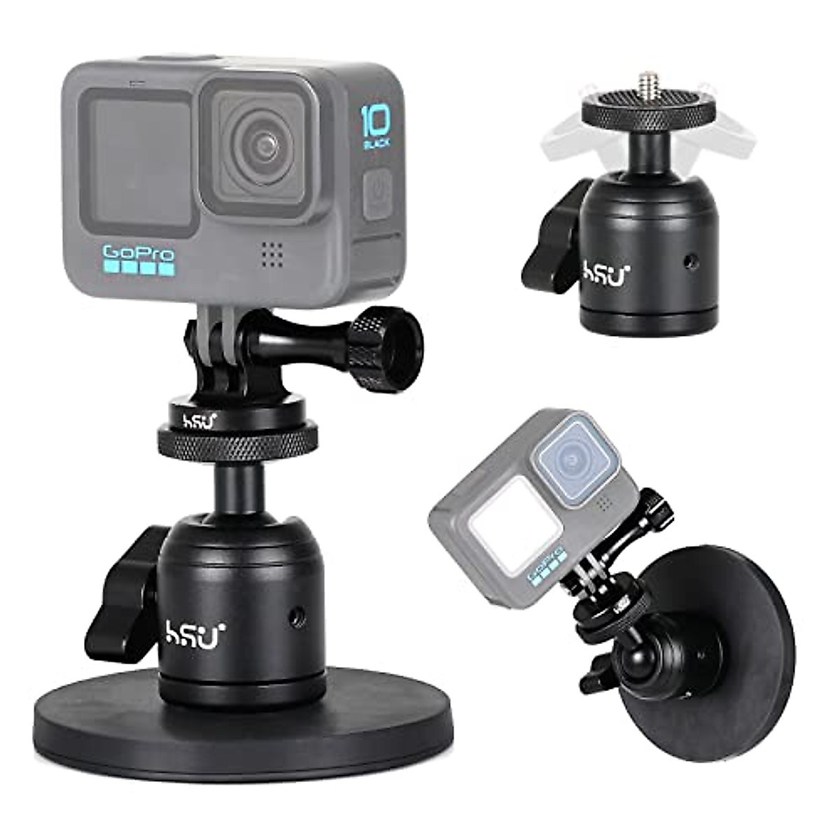 HSU Magnetic Camera Mount Base Kit with Mini Ball Head for GoPro, with Aluminum 1/4"-20 GoPro Tripod Mount Compatible with GoPro Hero 11/10/9/8/7/6/5 Insta360/ Osmo Action/DSLR Camera (3.5” Base)