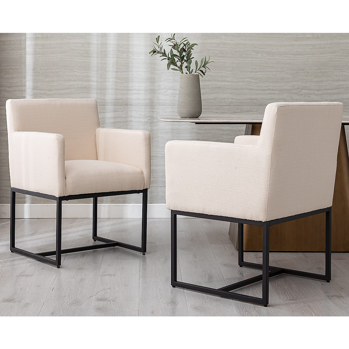 VESCASA Linen Upholstered Dining Chairs with Arms Set of 2, Mid Century Modern Padded Kitchen Chairs with Black Metal Frame for Restaurant, Dining Room, Cream