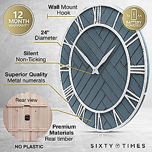 Sixty Times Hamptons - - Wall Clock 24 Inch - - Silent - - Metal & Wood - - Rustic Ocean Blue & White