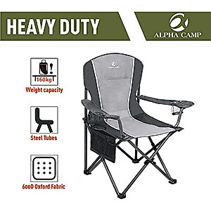 ALPHA CAMP Oversized Camping Folding Chair Heavy Duty Steel Frame Support 350 LBS Collapsible Arm Chair with Cup Holder Quad Lumbar Back Chair Portable for Outdoor/Indoor