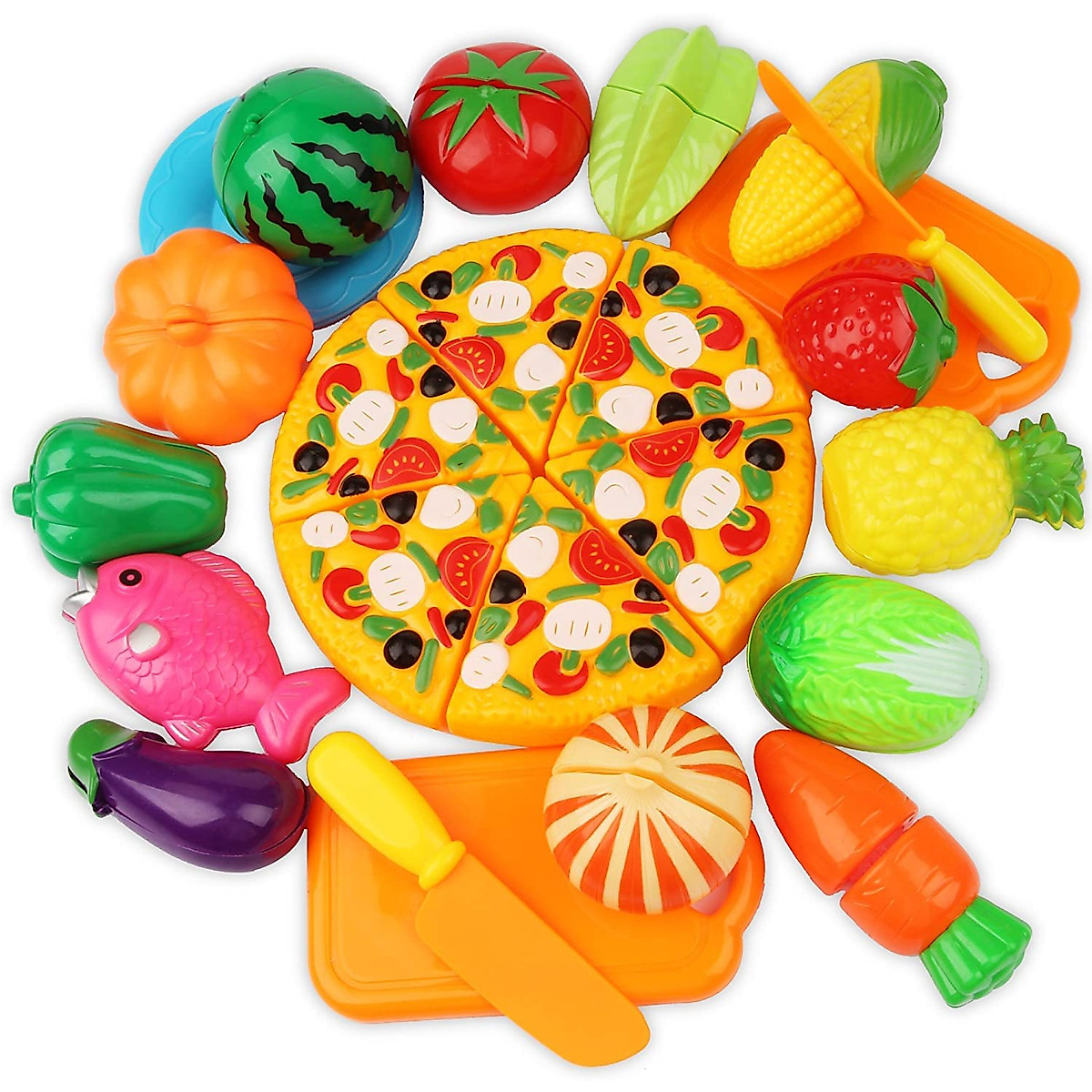 Cutting Play Food Set Kitchen Pretend - 40pcs Grocery Basket Toys Food for Kids Toddlers Girls Boys Educational Fake Fruits Vegetables Pizza Knife Dishes Playhouse Accessories Xmas Gifts