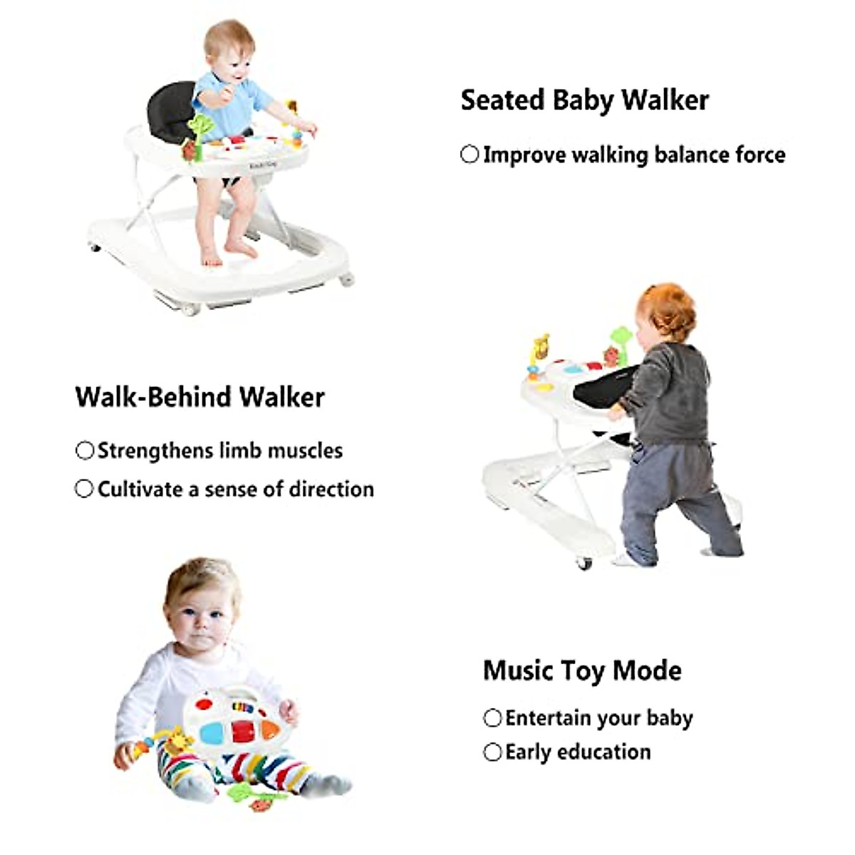 Kinder King 3 in 1 Folding Baby Walker, Activity Walker for Boys Girls, Learning-Seated, Toddler Walk-Behind w/Music Toys, Adjustable Height & Speed, Safety Bumper, Infant Walker Anti-Rollover, Black