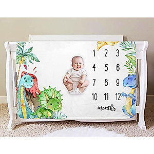 Popfavors Dinosaur Baby Monthly Milestone Blanket, Dinosaur Baby Growth Chart Milestone Blanket, Newborn Month Blanket for Boy & Girl, Includes Marker (50"x40")