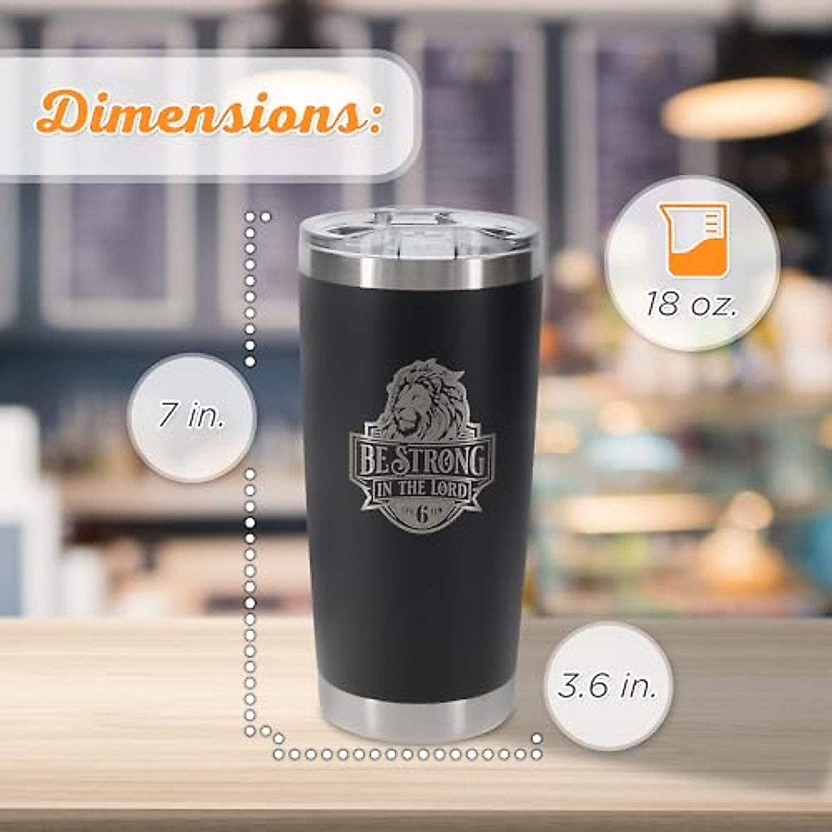 Christian Art Gifts Large Travel Tumbler for Men & Women Stainless Steel Vacuum Insulated Inspirational Scripture: Be Strong Engraved Lion, Retractable Lid, Black, 18 oz.