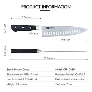 Fortune Candy 8 Inch Chef’s Knife - Japanese AUS-10 Stainless Steel Kitchen Knife - Full Tang, Classic Handle (Silver)