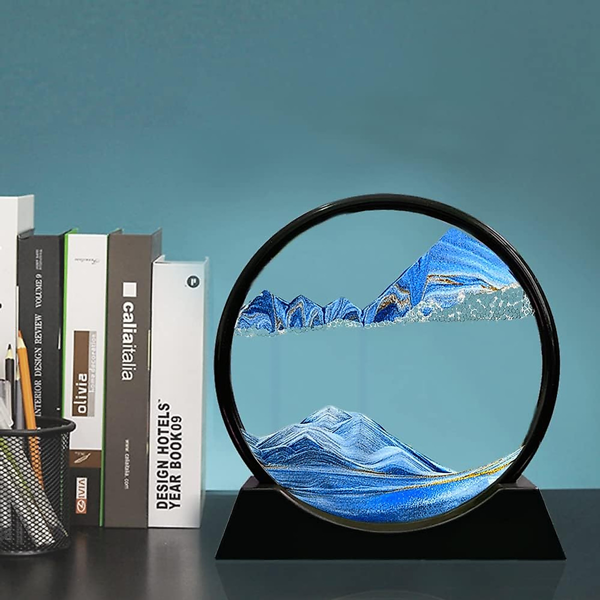 Feilicraft Moving Sand Art Picture Round Glass Frame Sandscapes 3D Deep Sea Display in Motion Dynamic Flowing Grit Photo Hourglass Desktop Art Home Office Decoration Party Gift (12‘’, Blue)