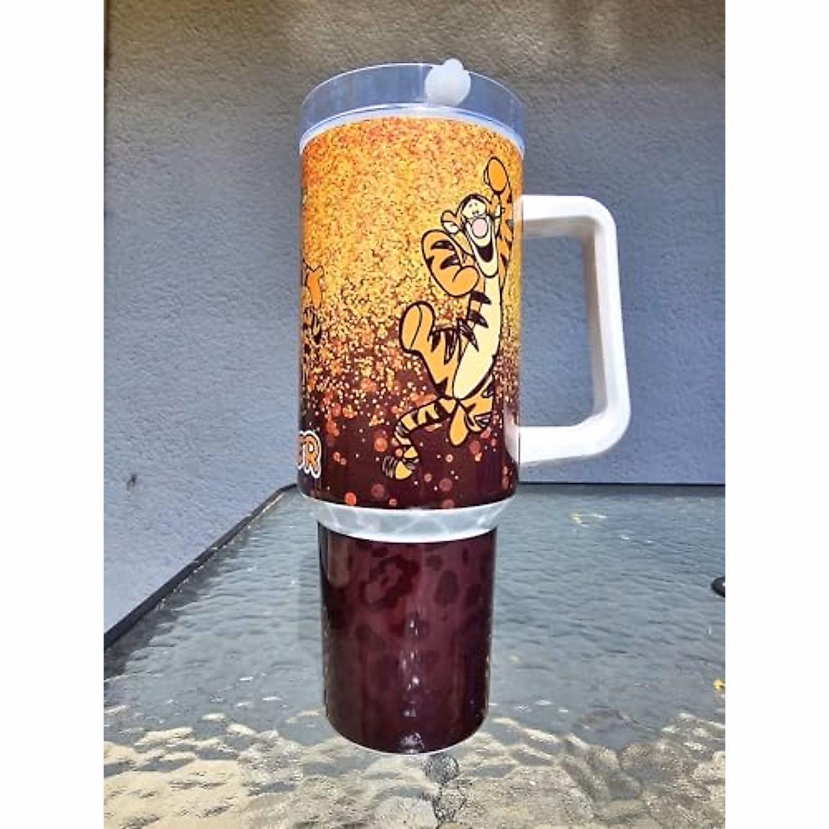Bear Cartoon Movie Tigger Character Dancing Glitter Leopard Tumbler 40 Oz Stainless Steel With Handle And Straw, 40oz Tumbler Maintains Cold Heat and Ice for Hours